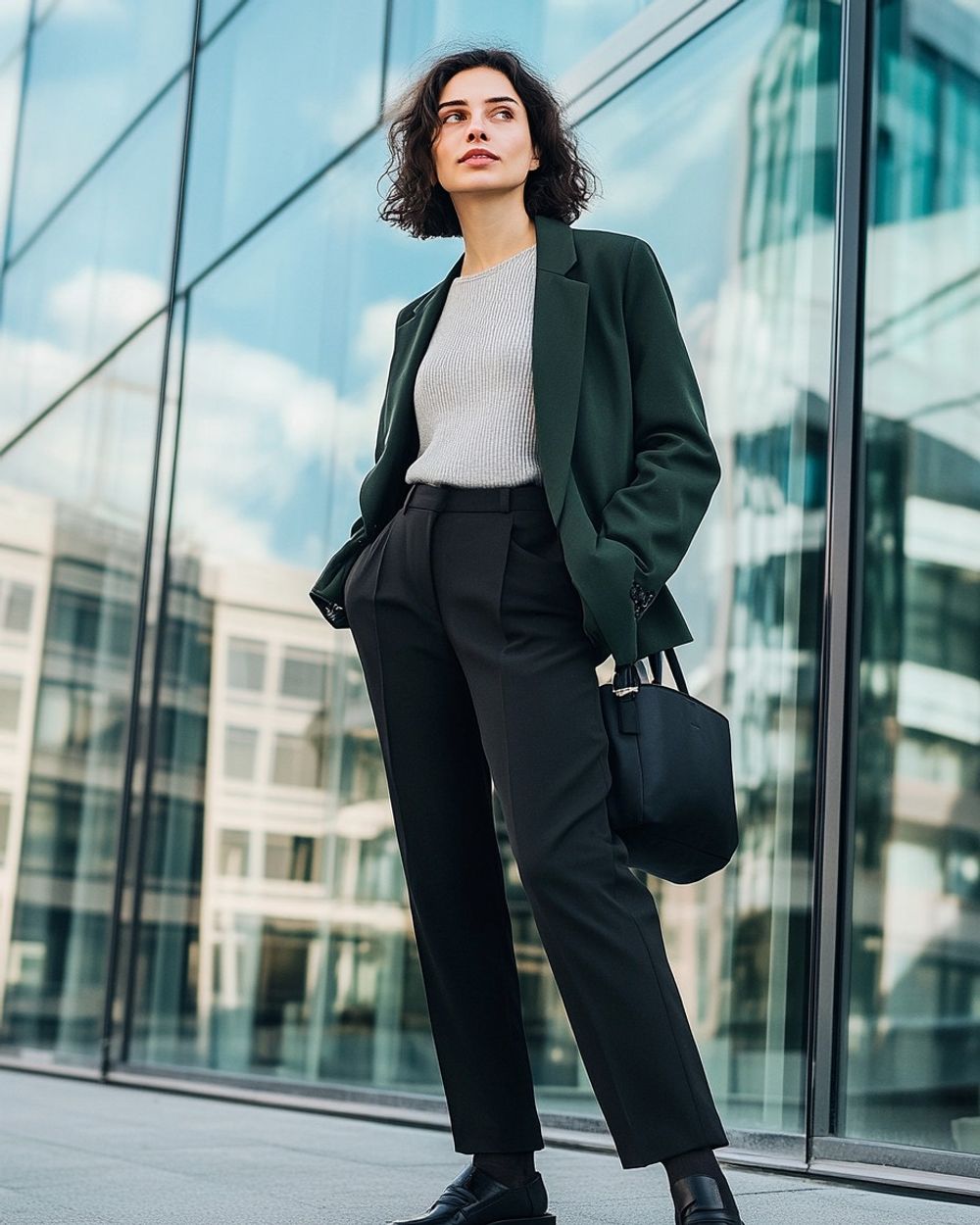 Forest Green Blazer with Cuffed Dark Denim and White Cropped Top | Sumissura