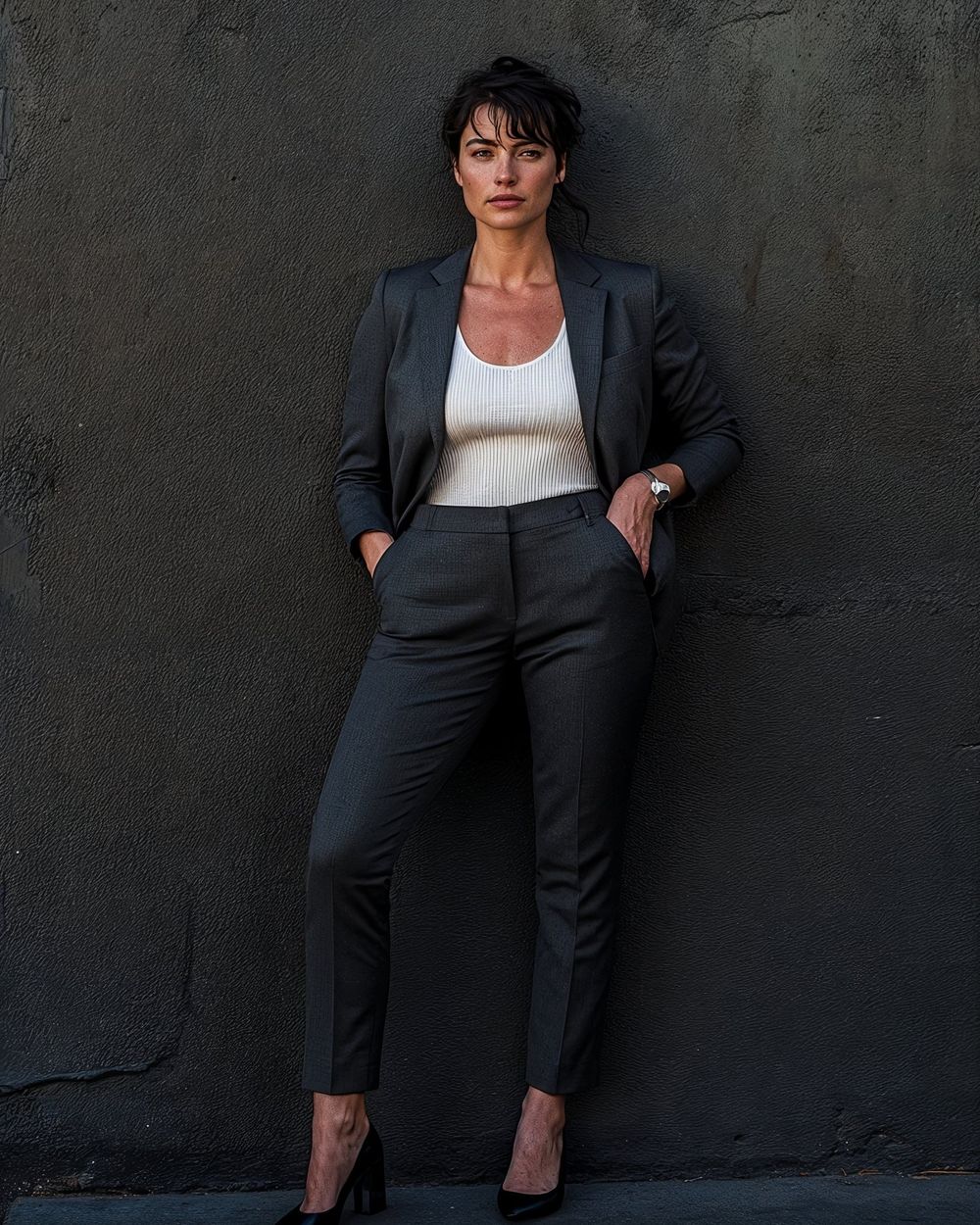 Forest Green Blazer with Cuffed Dark Denim and White Cropped Top | Sumissura