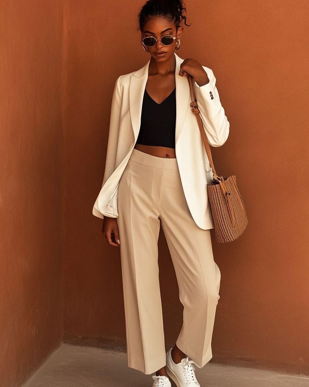 Forest Green Blazer with Cuffed Dark Denim and White Cropped Top | Sumissura