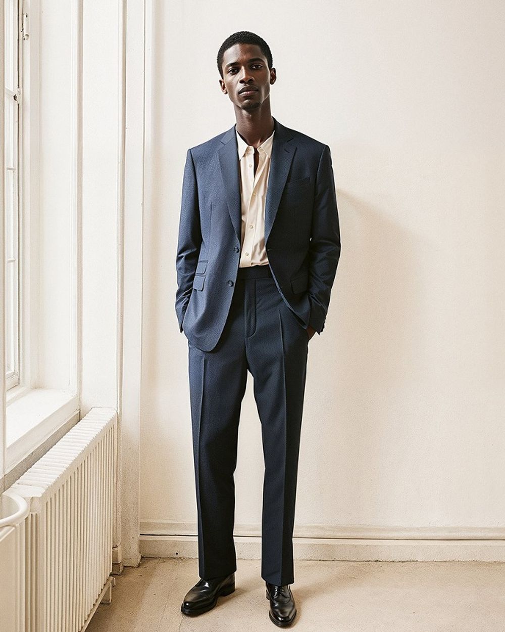 Steel Blue Blazer with White Shirt and Cream Trousers | Hockerty