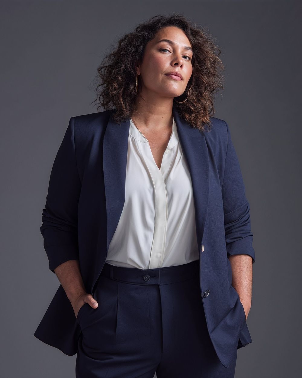 Navy Blue Power Suit with White Blouse