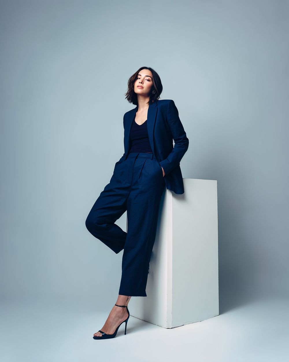 Navy Wide-Leg Suit with Deep V-Neck Top | Sumissura