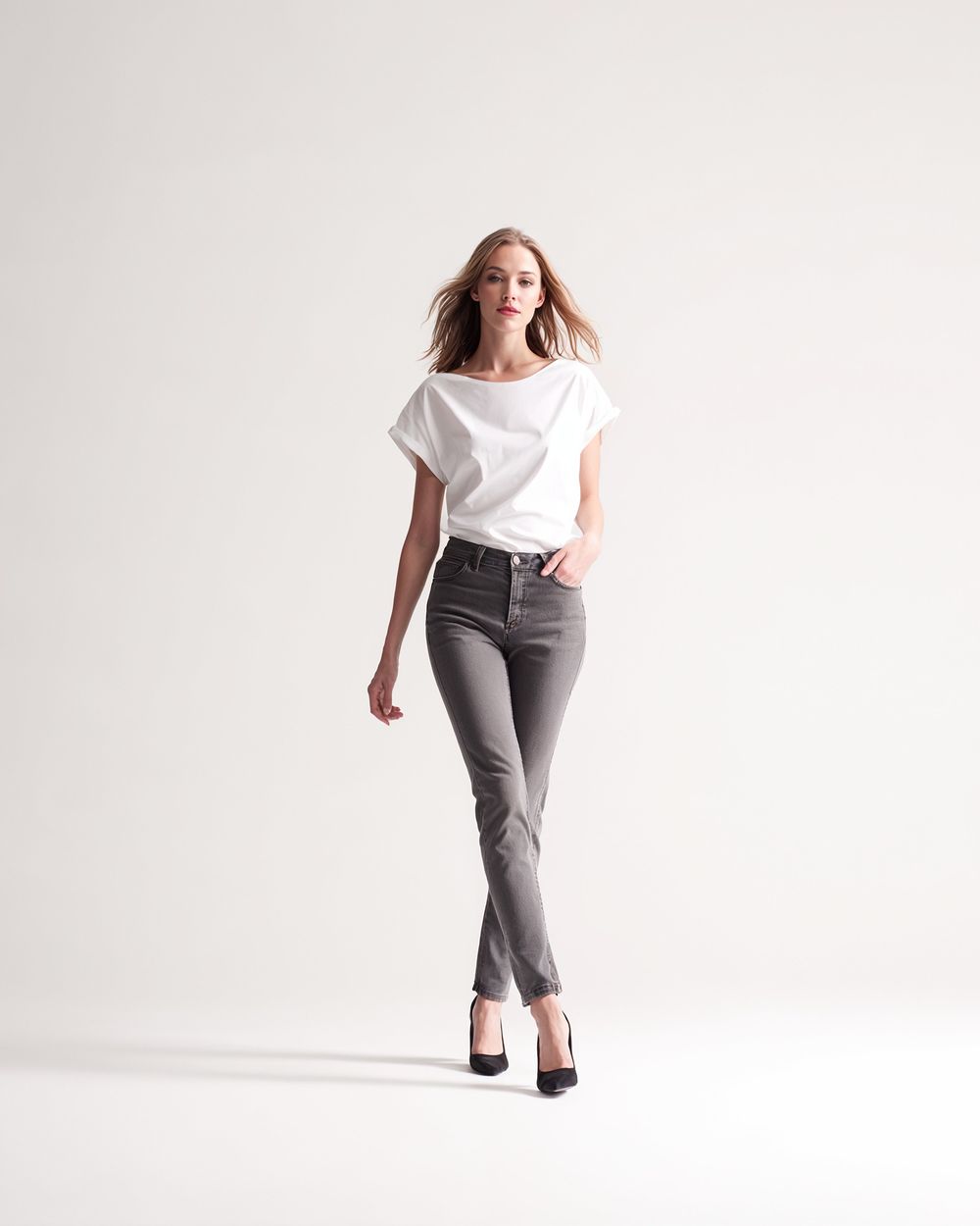 Camiseta Blanca de Cuello Redondo con Jeans Grises de Tiro Alto | Sumissura