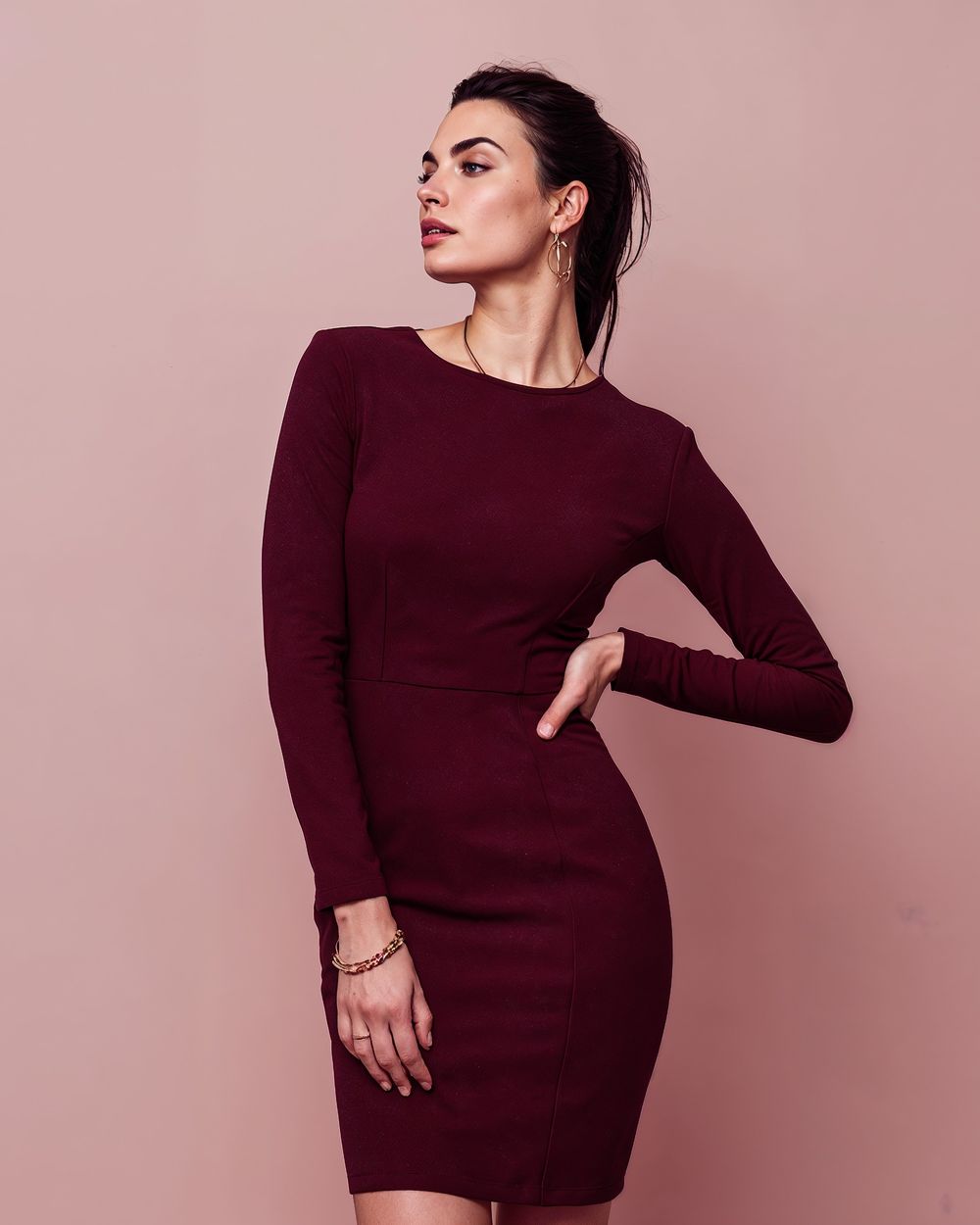 Dark Purple Fitted Dress with Long Sleeves | Sumissura