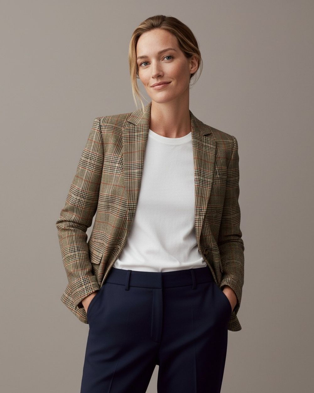 Checked Blazer with White T-Shirt and Navy Trousers | Sumissura