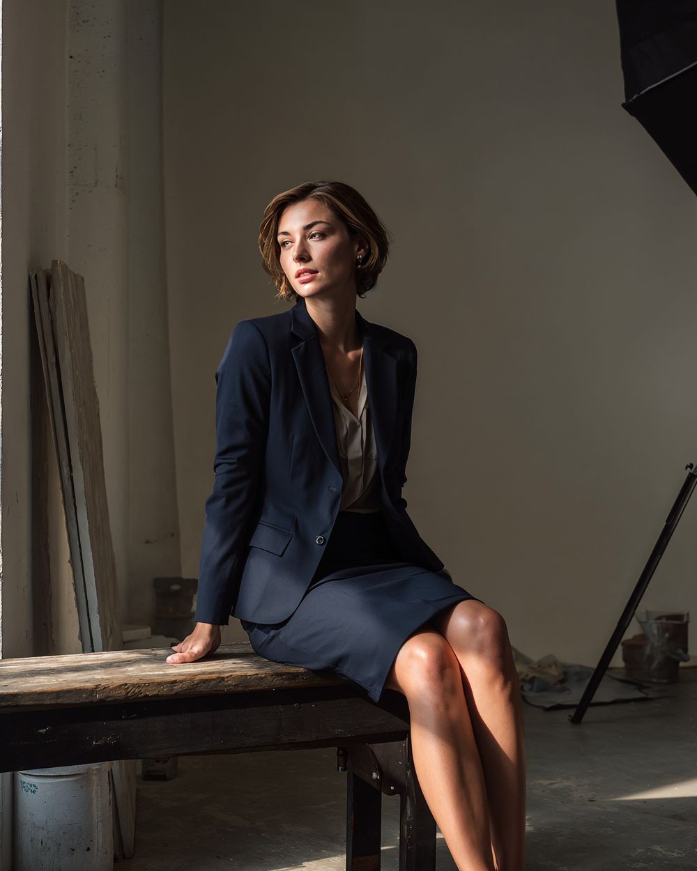 Traje de Falda Azul Marino de Negocios con Jersey de Cuello Alto Negro ...