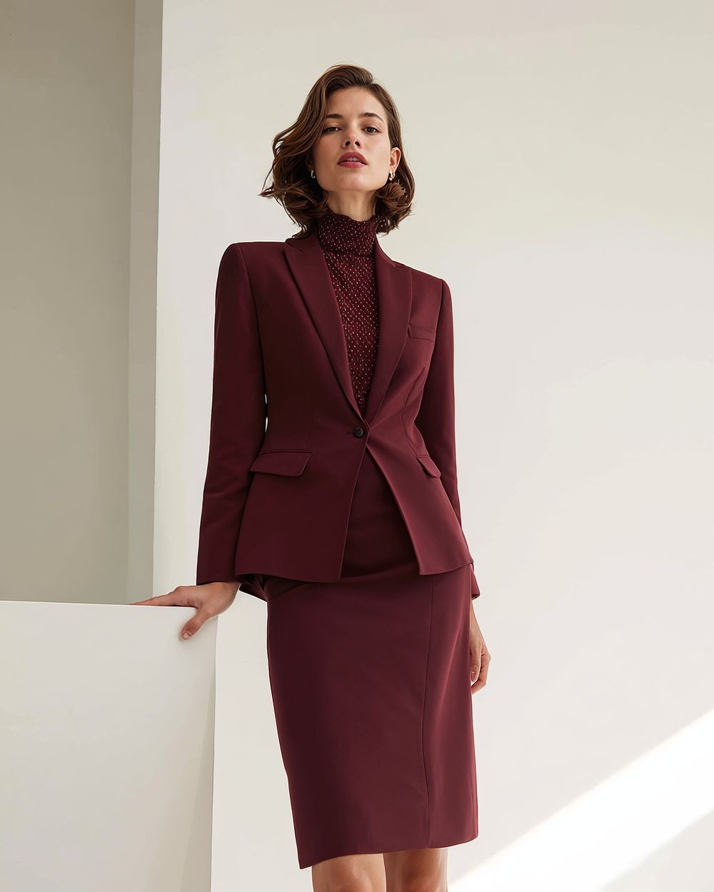 Burgundy Business Skirt Suit with Turtleneck Blouse | Sumissura