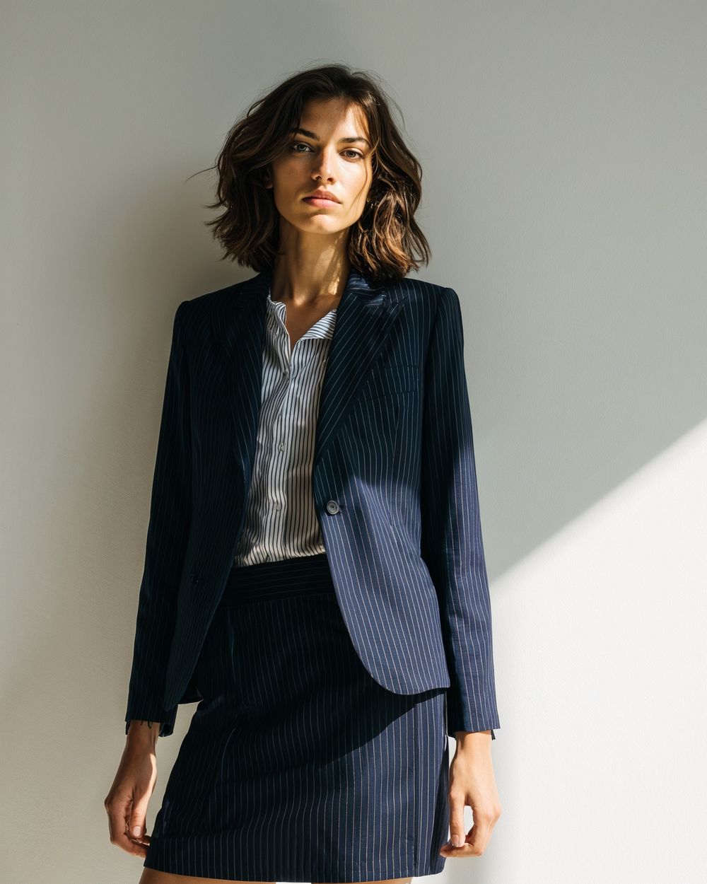Navy Pinstripe Business Skirt Suit with White Dress Shirt | Sumissura