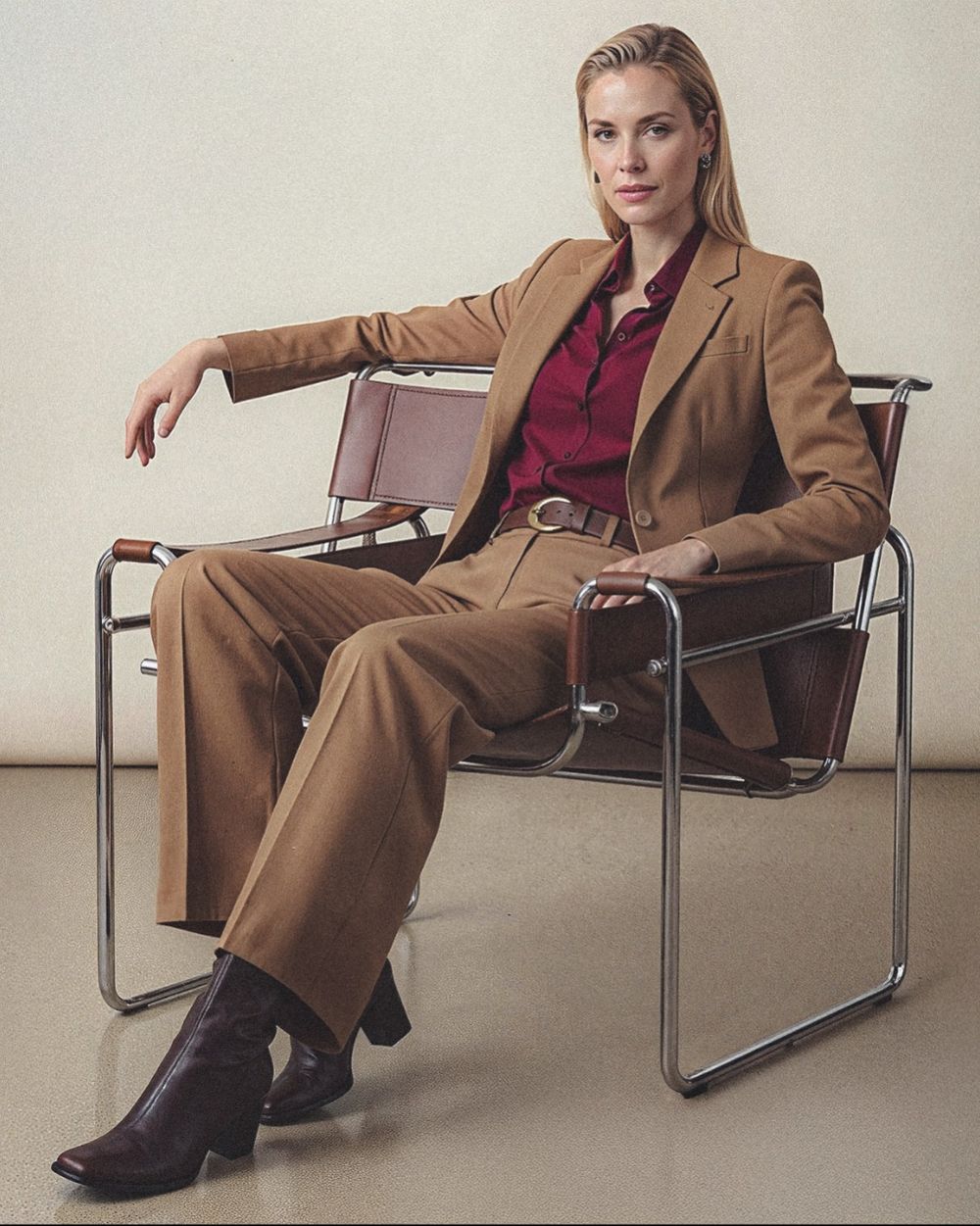 Camel Brown Suit with Burgundy Shirt and Ankle Boots | Sumissura