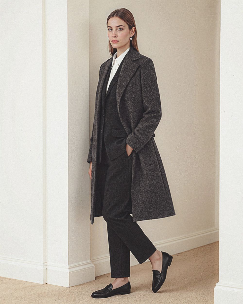 Long charcoal Double Breasted Coat with wide lapels | Sumissura