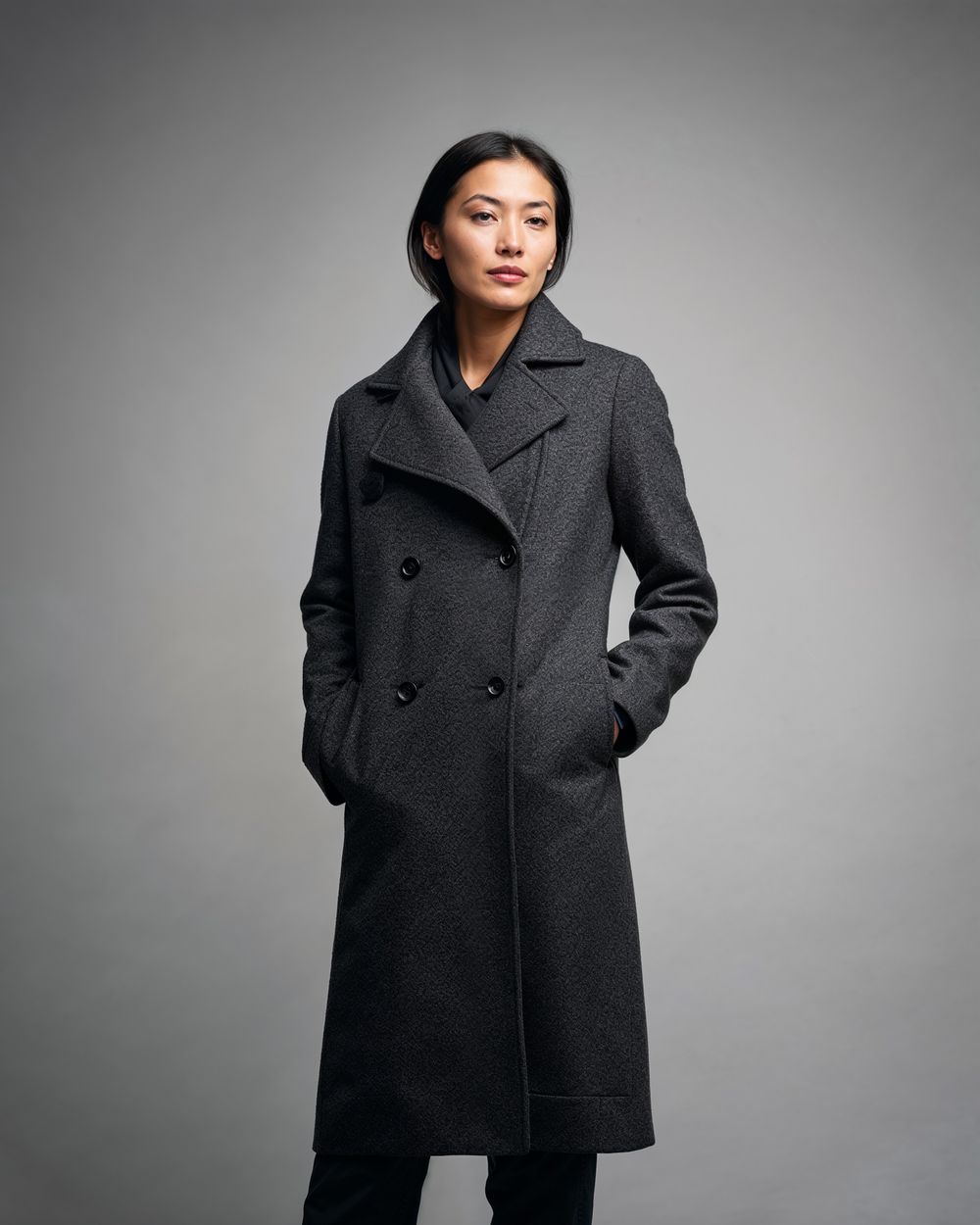 Charcoal Grey Double-Breasted Wool Coat with Black Trousers | Sumissura