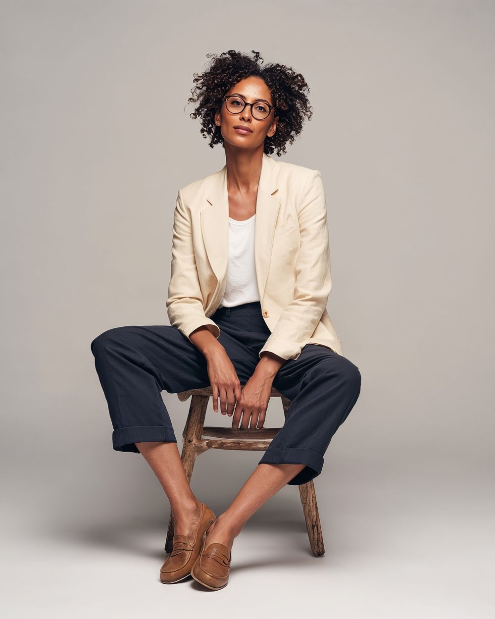 Cream stretch year-round Blazer with brass button