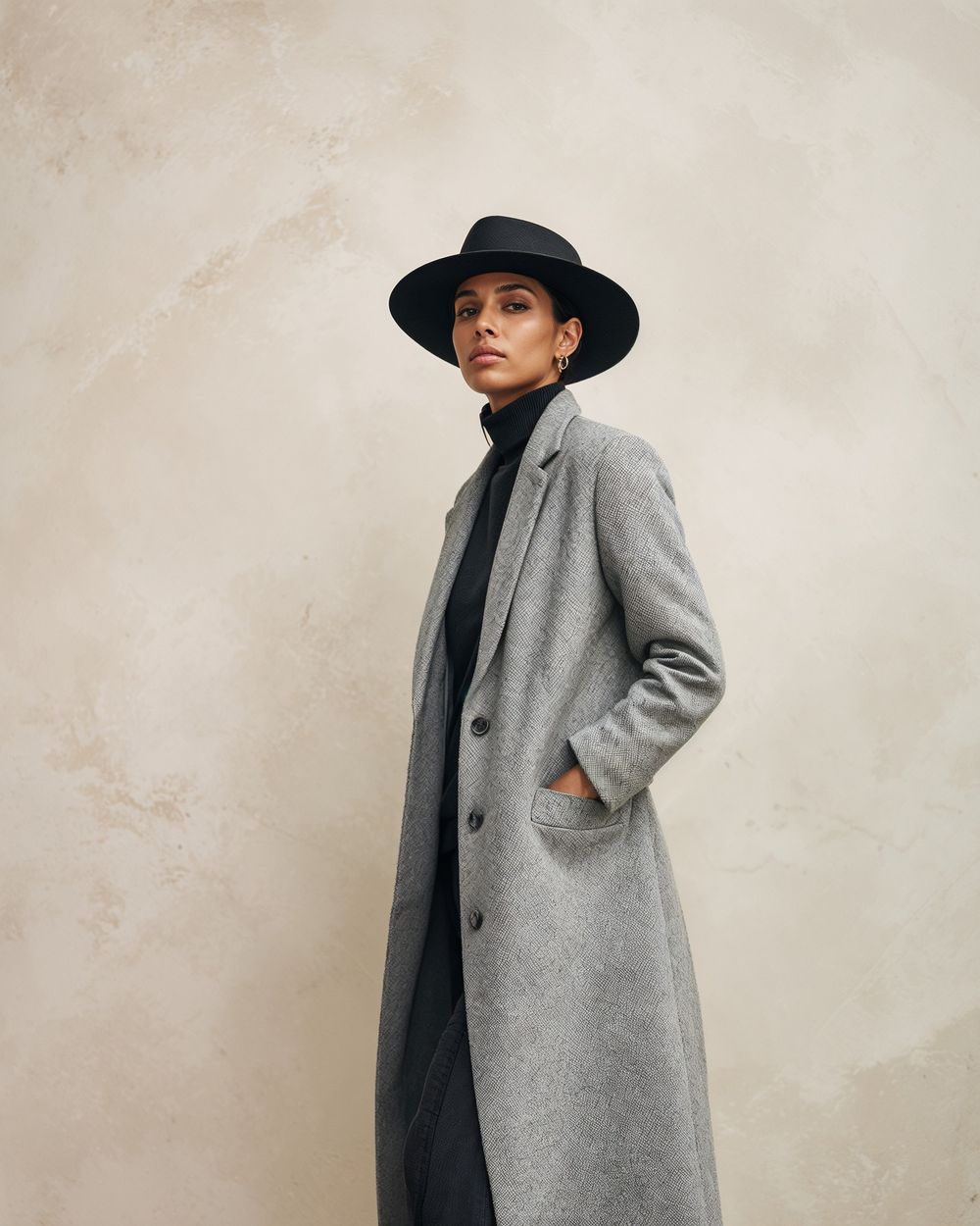 Abrigo de Lana Gris con Jersey de Cuello Alto Negro y Sombrero de Ala Ancha | Sumissura