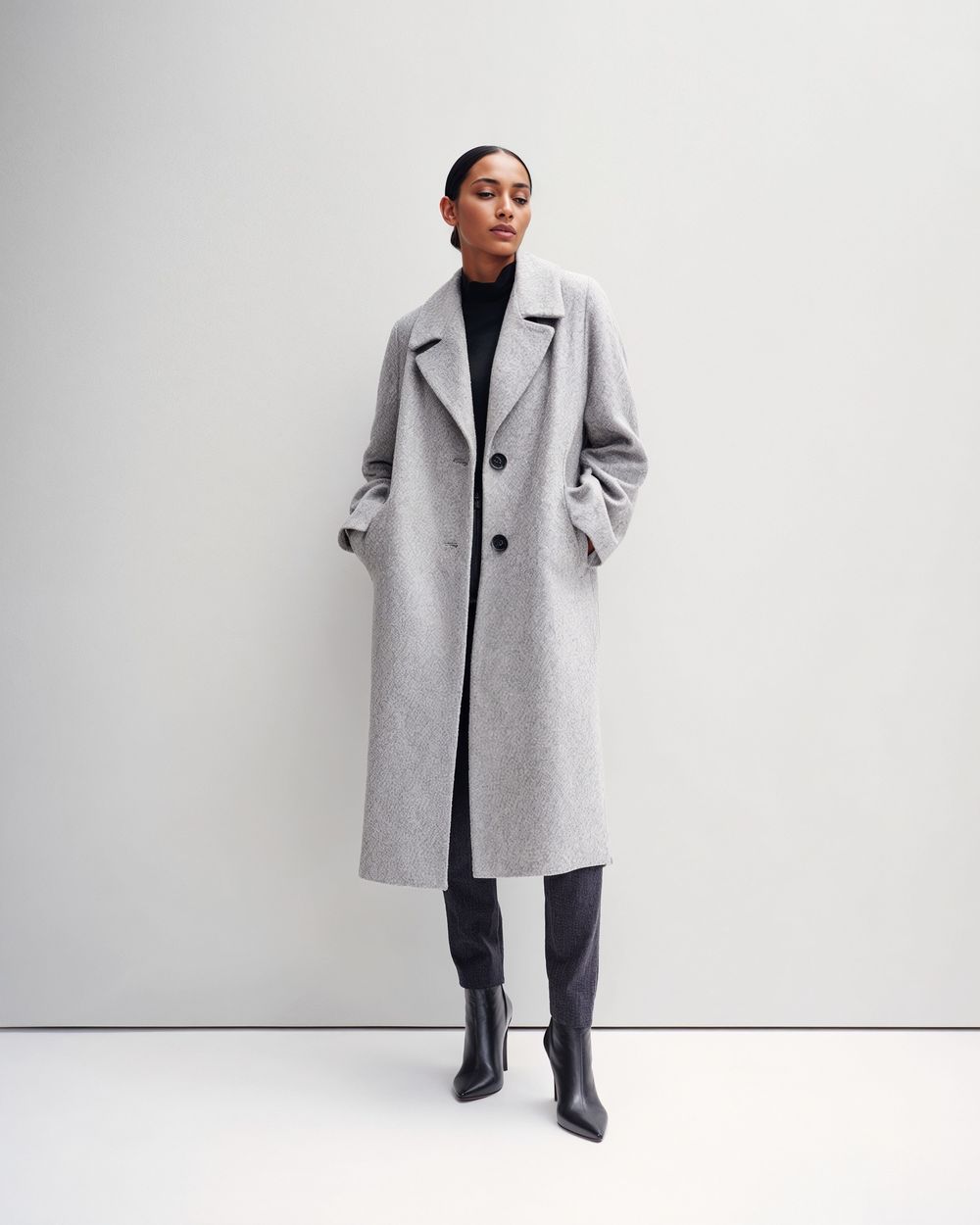 Light Grey Wool Coat with Black Turtleneck and Dark Trousers | Sumissura