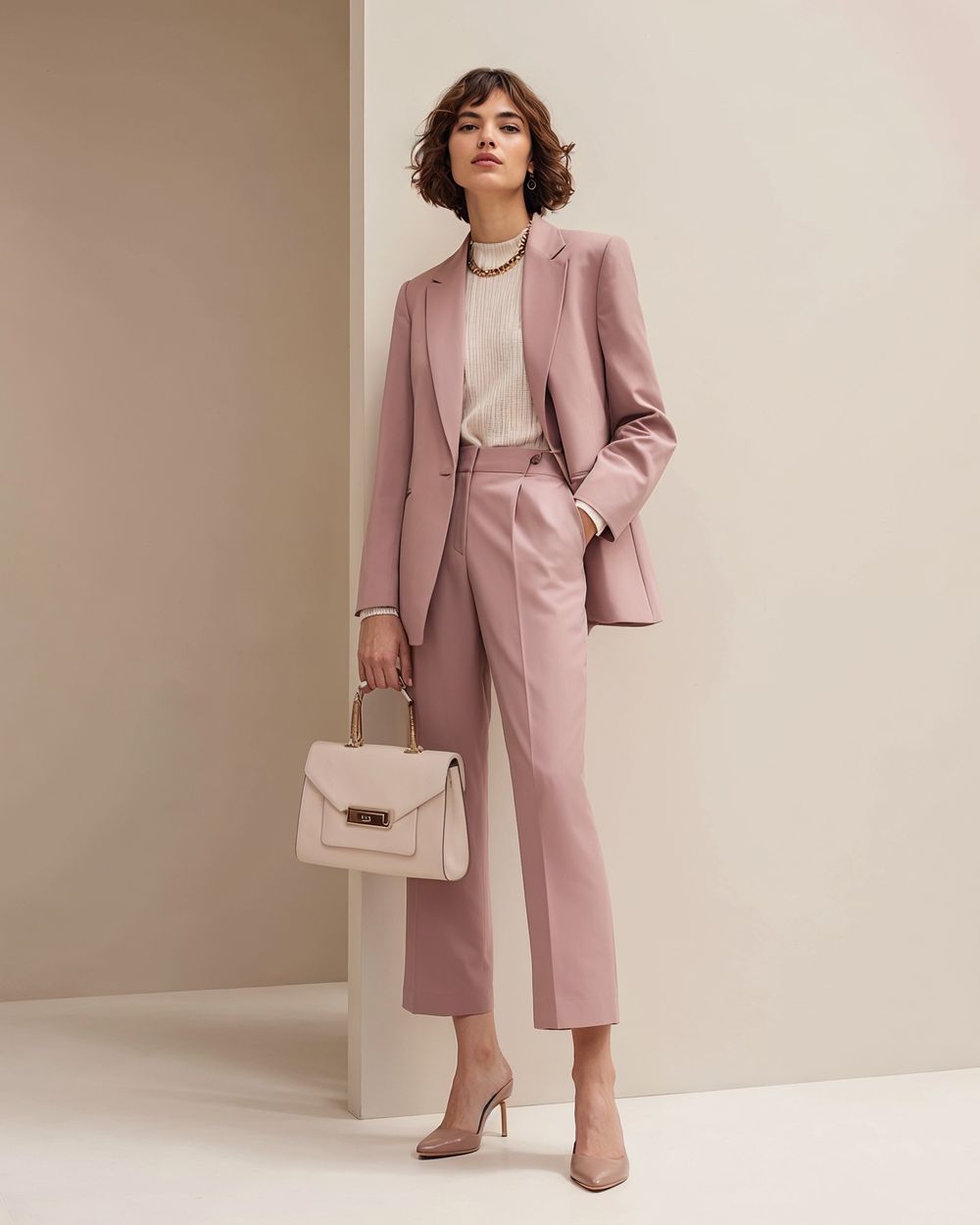 Blush Pink Suit with Cream Blouse and Sneakers | Sumissura