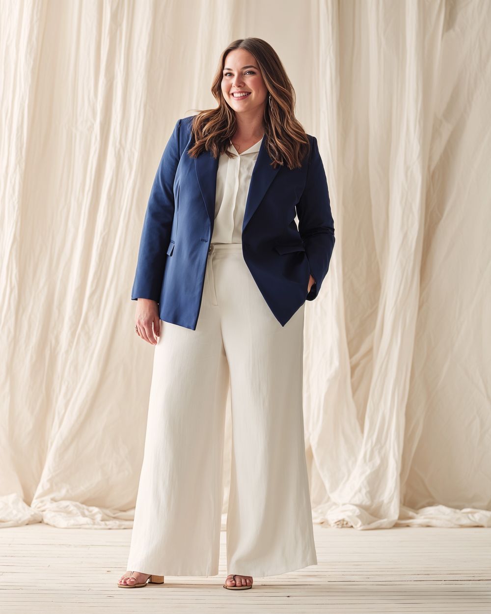 Navy Blue Blazer with Ivory Wide-Leg Trousers | Sumissura