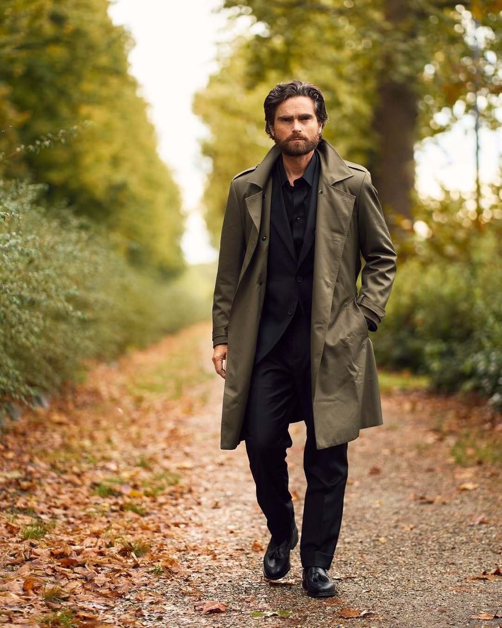 Olive Green Trench Coat with Black Suit | Hockerty