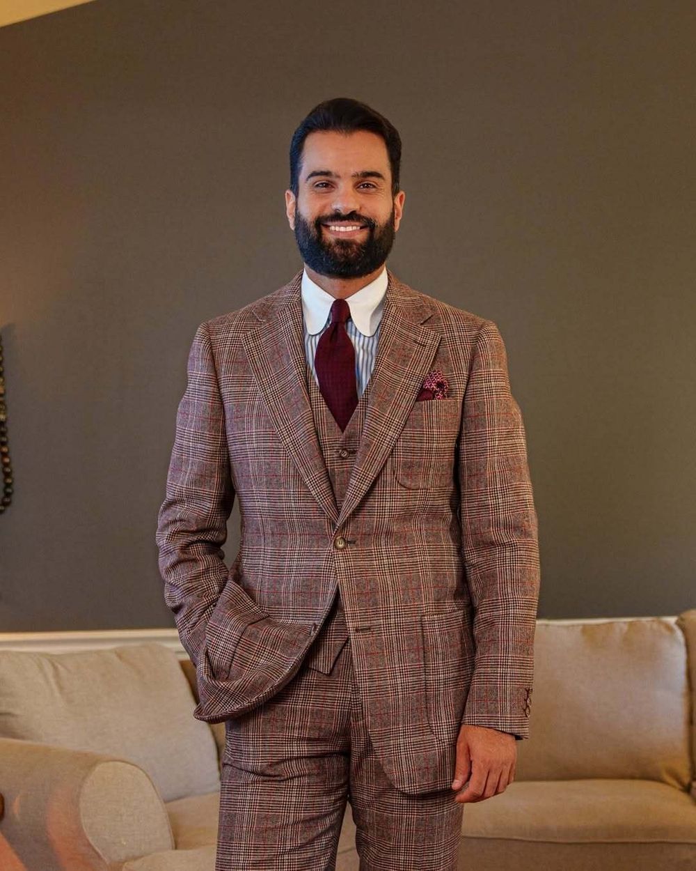 Charcoal Three-Piece Suit with Light Blue Tie and Pocket Square | Hockerty