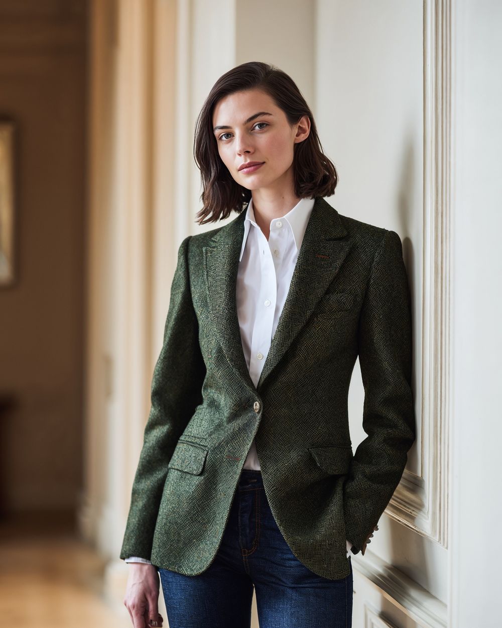 Forest green herringbone tweed limited edition Blazer with patched ...