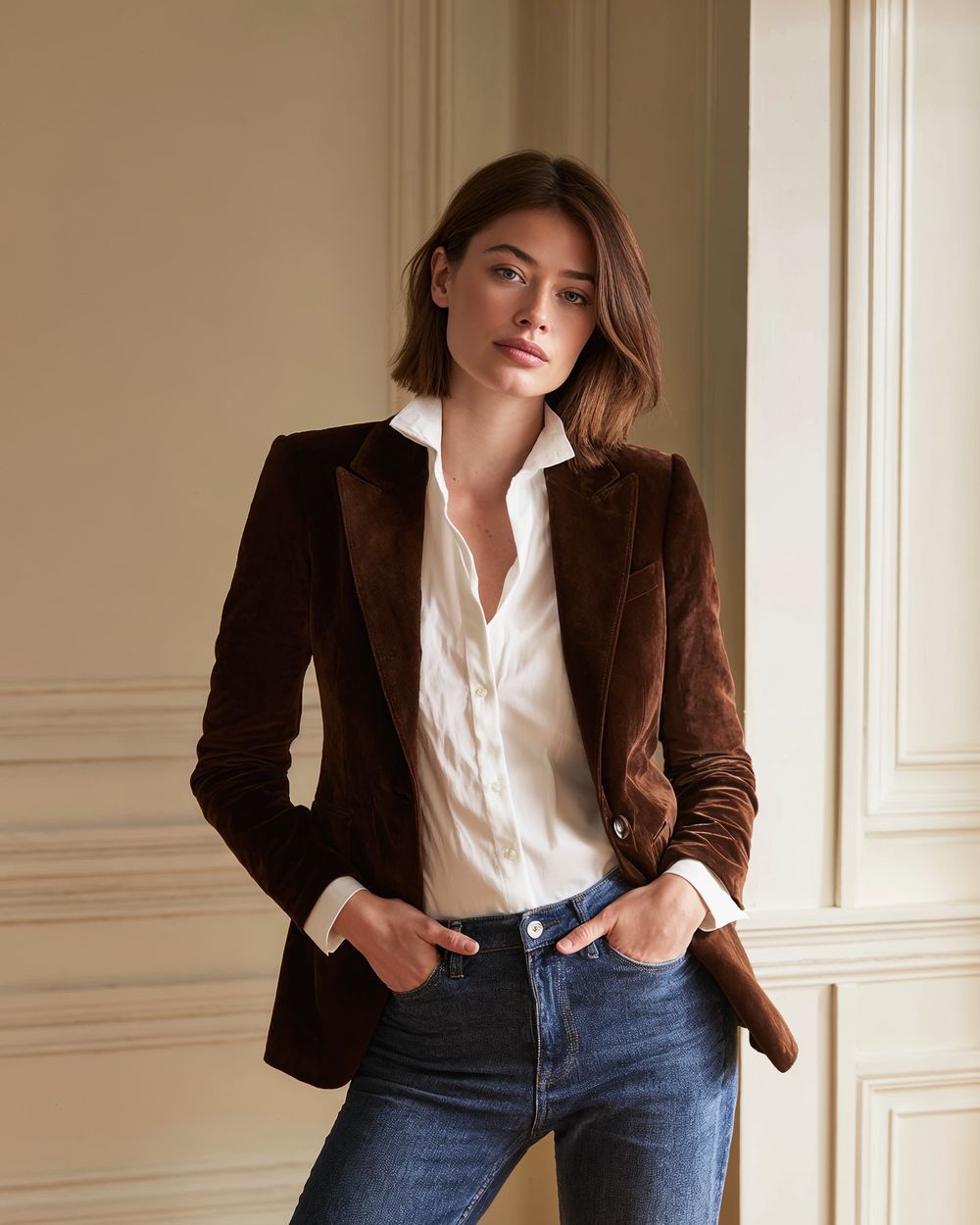 Blazer chocolat en velours essentiel avec revers en pointe | Sumissura