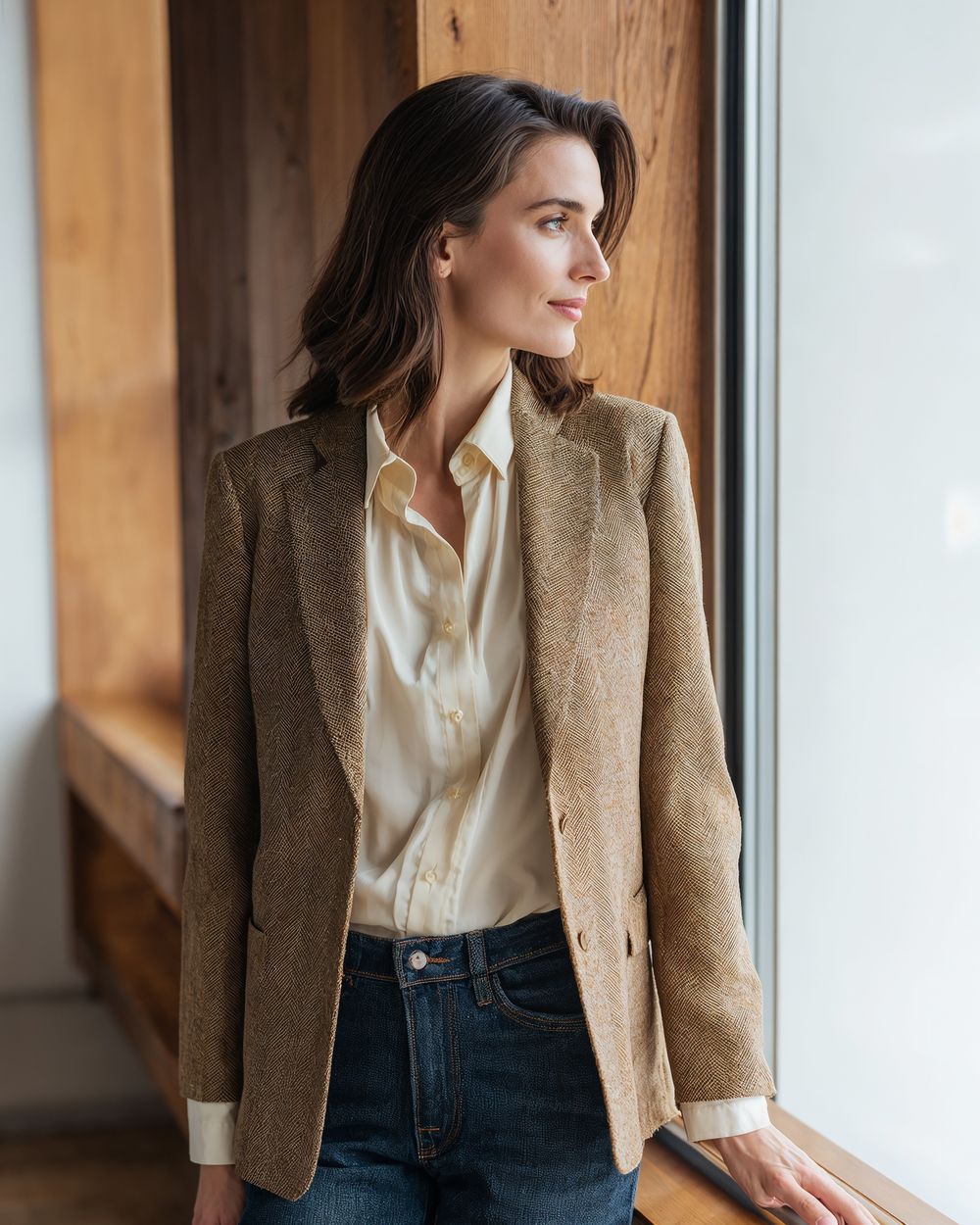 Blazer de Tweed Marrón Camel con Camisa Crema y Jeans | Sumissura