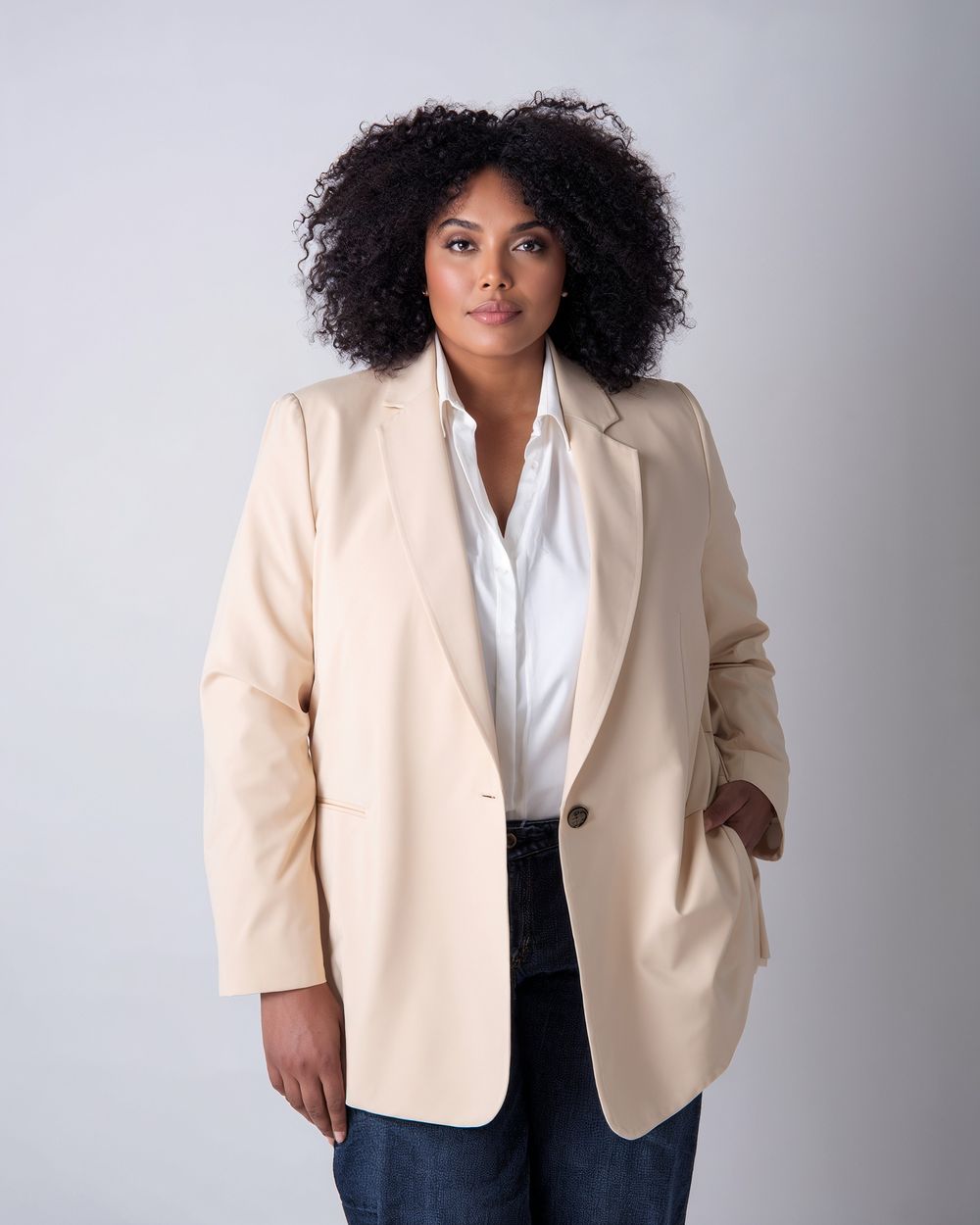 Camel Brown Tweed Blazer with Cream Shirt and Jeans | Sumissura