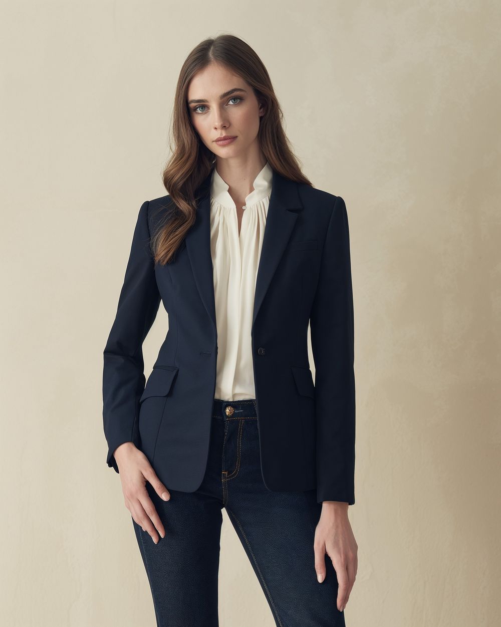 Navy Blue Blazer with Cream Blouse and Jeans | Sumissura