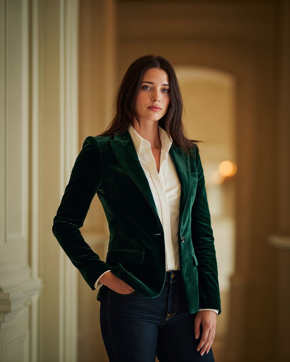 Green Velvet Blazer with Shirt and Jeans | Sumissura