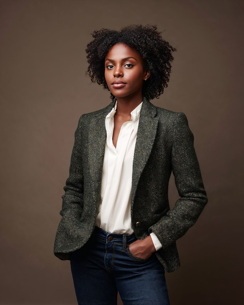 Brown Tweed Blazer with White Shirt and Jeans | Sumissura