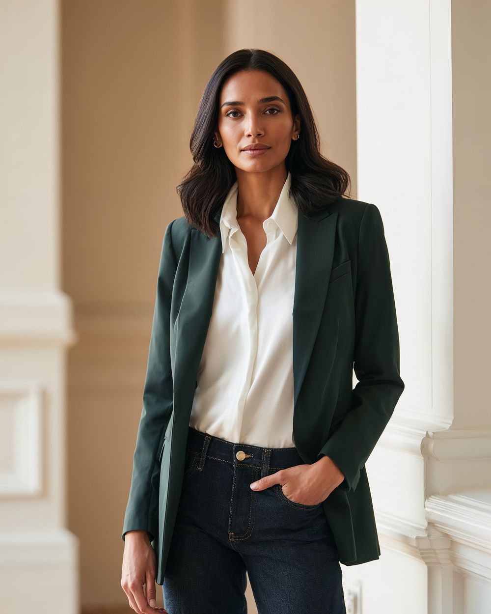 Blazer Camel con Camisa Blanca y Jeans | Sumissura