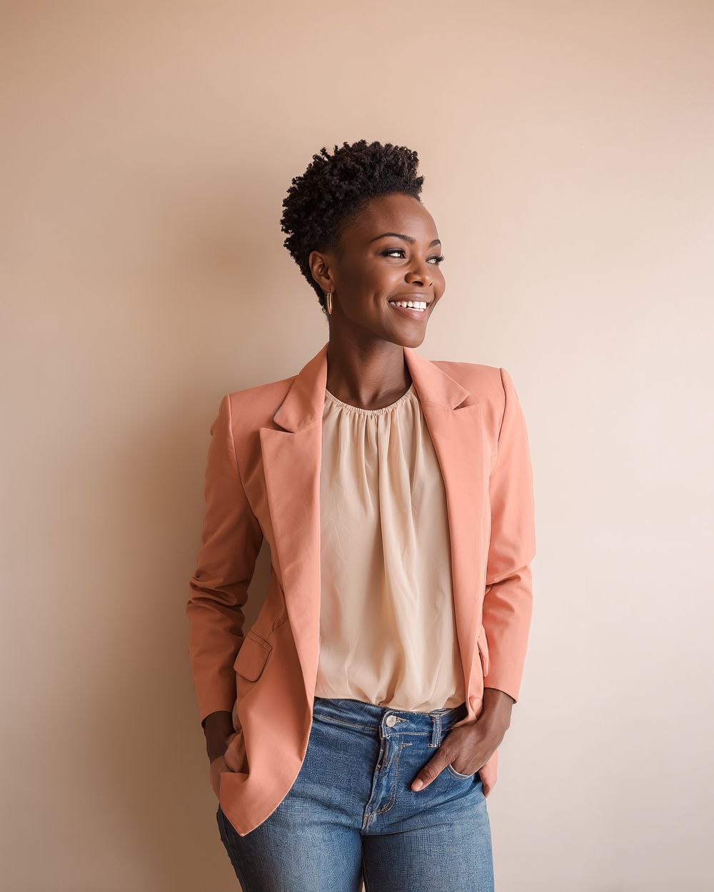 Blazer Coral con Blusa Crema y Jeans | Sumissura