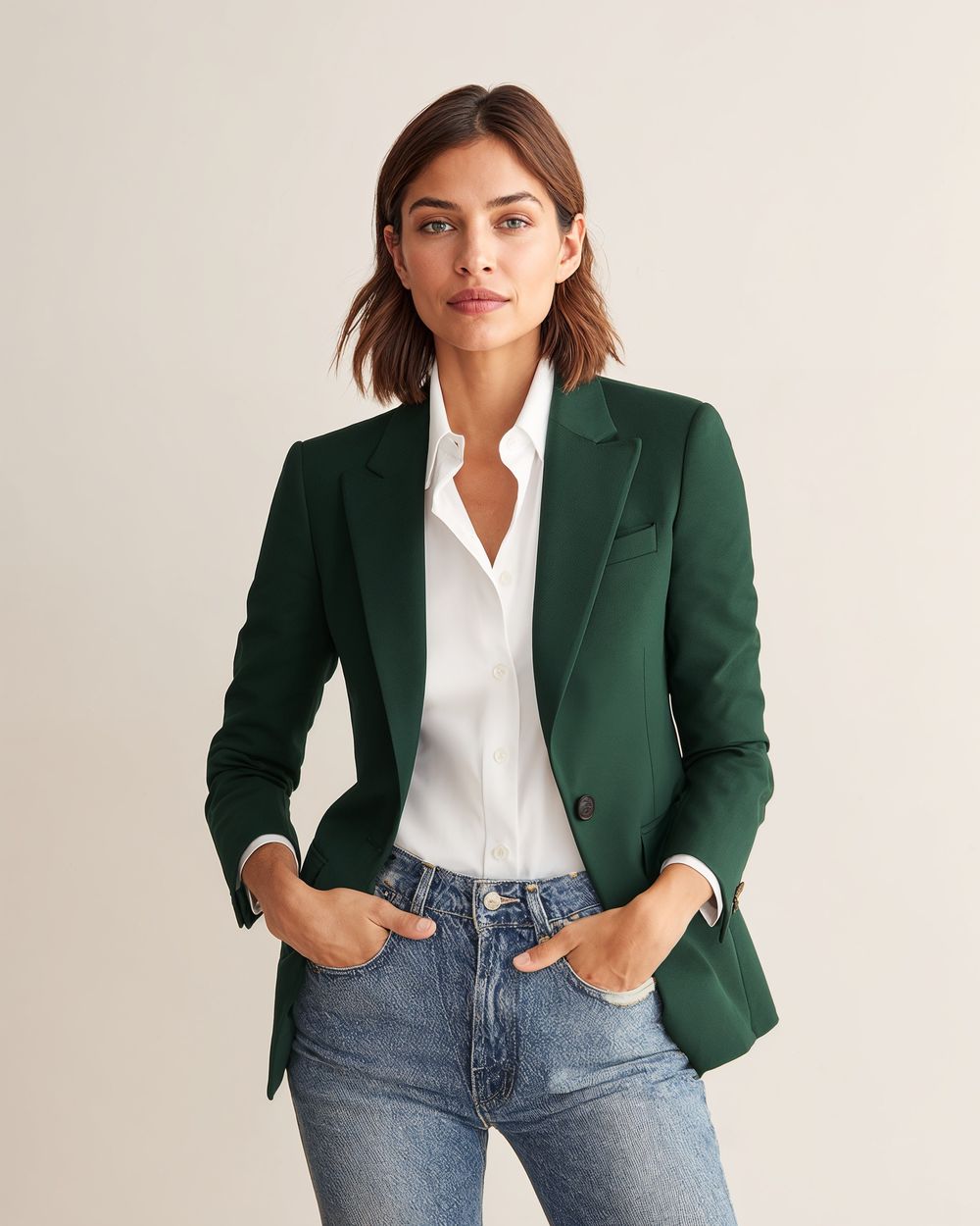 Green Tweed Blazer with White Shirt and Jeans | Sumissura