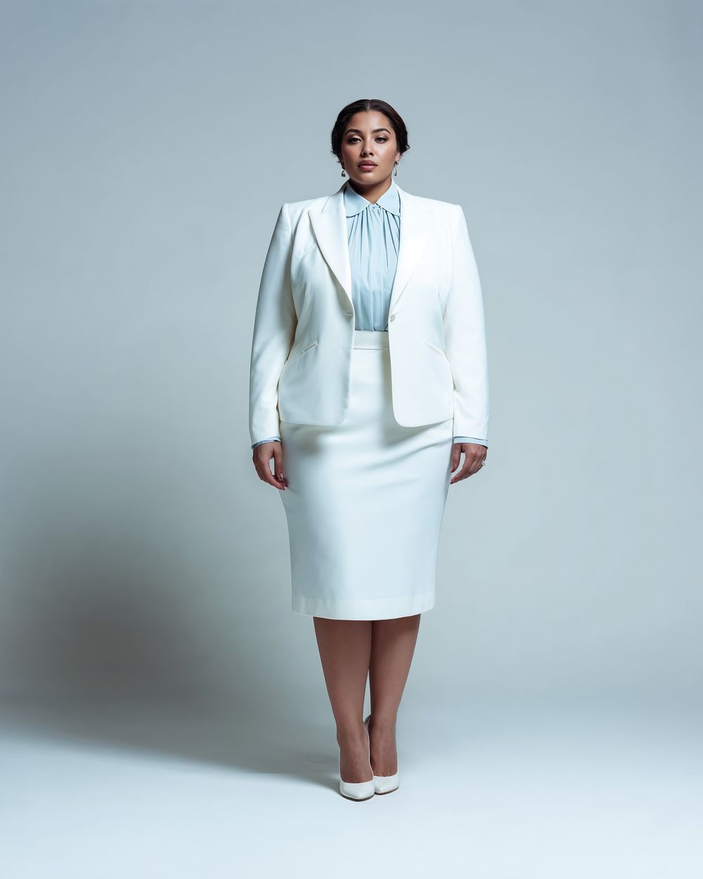 White Skirt Suit with Light Blue Blouse | Sumissura