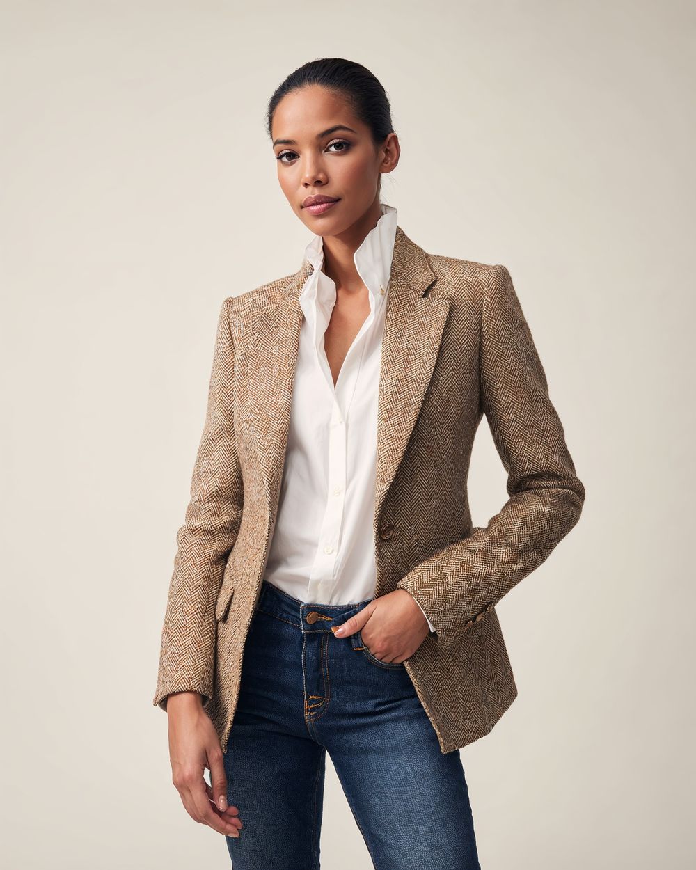 Blazer en Tweed Brun Moyen avec Jean Foncé | Sumissura