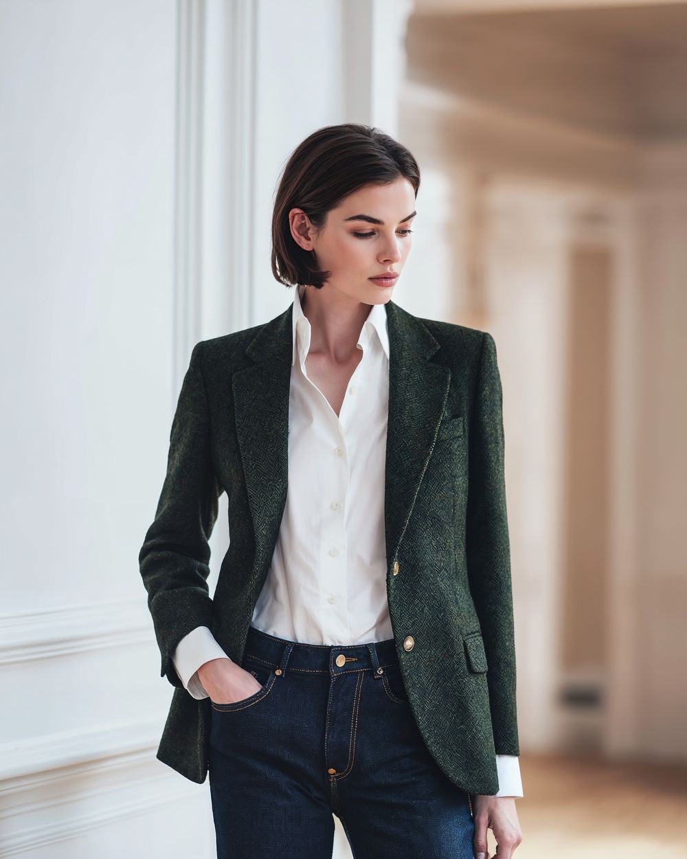 Dark Forest Green Velvet Blazer with Gold Satin Blouse | Sumissura
