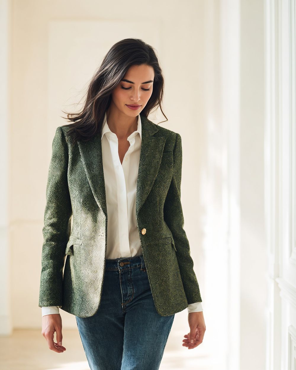 Green Tweed Blazer with White Shirt and Jeans | Sumissura