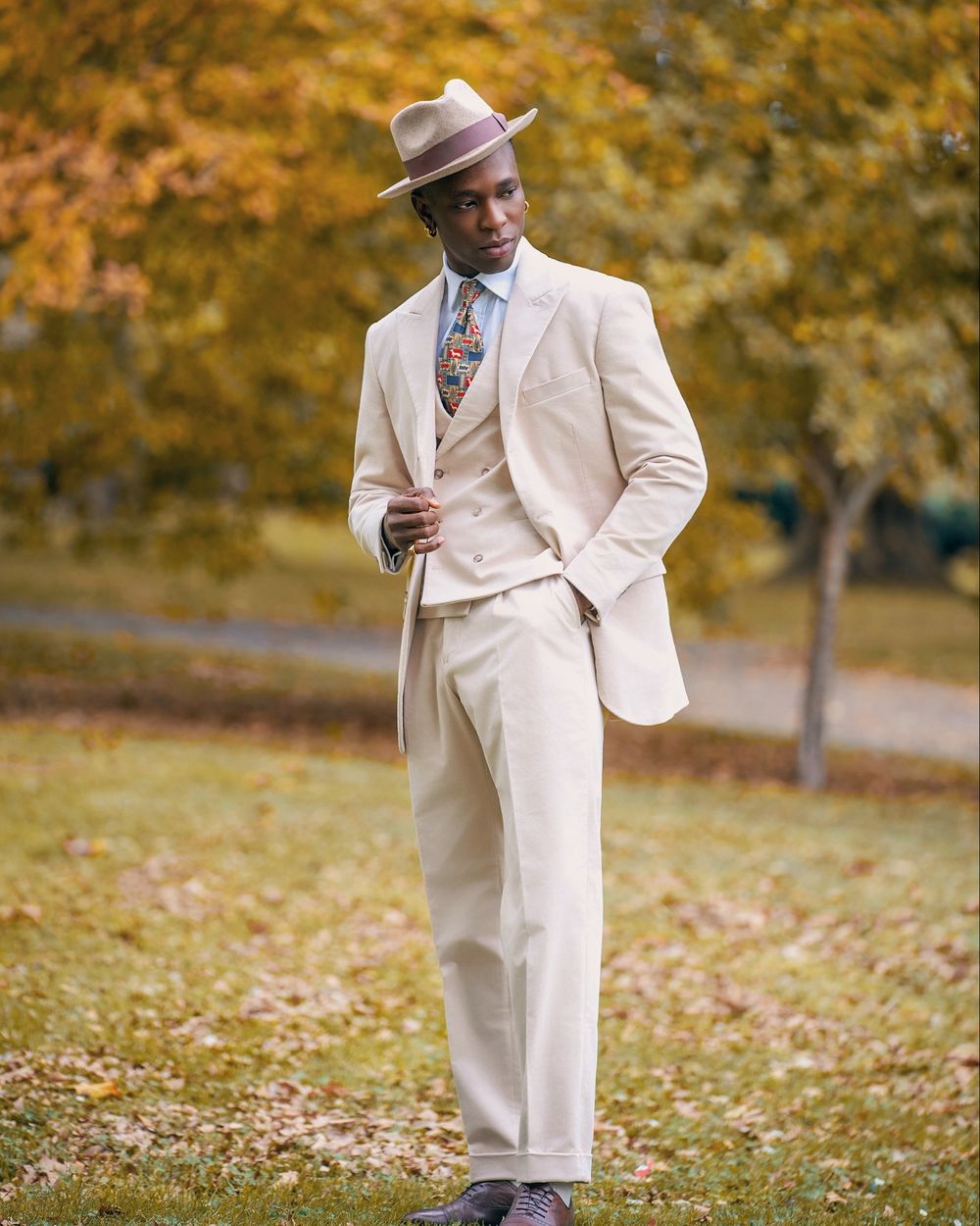 Sand Suit with Light Blue Shirt and Fedora | Hockerty