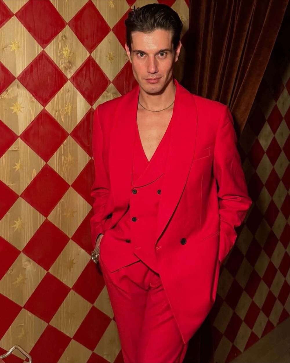 Bright Red Three-Piece Suit with Deep V-Neck Vest | Hockerty