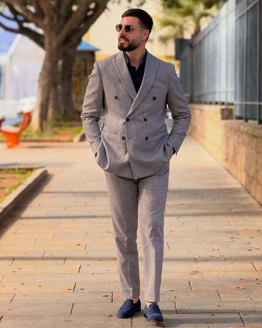 Gray herringbone double breasted Suit