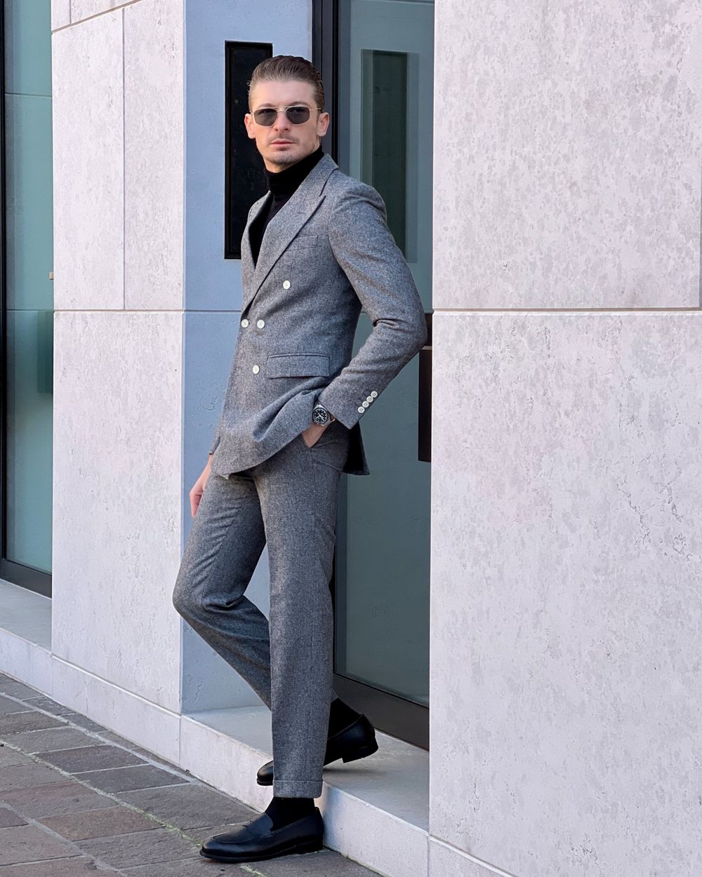 Grey Double-Breasted Suit with Black Turtleneck and Black Loafers | Hockerty