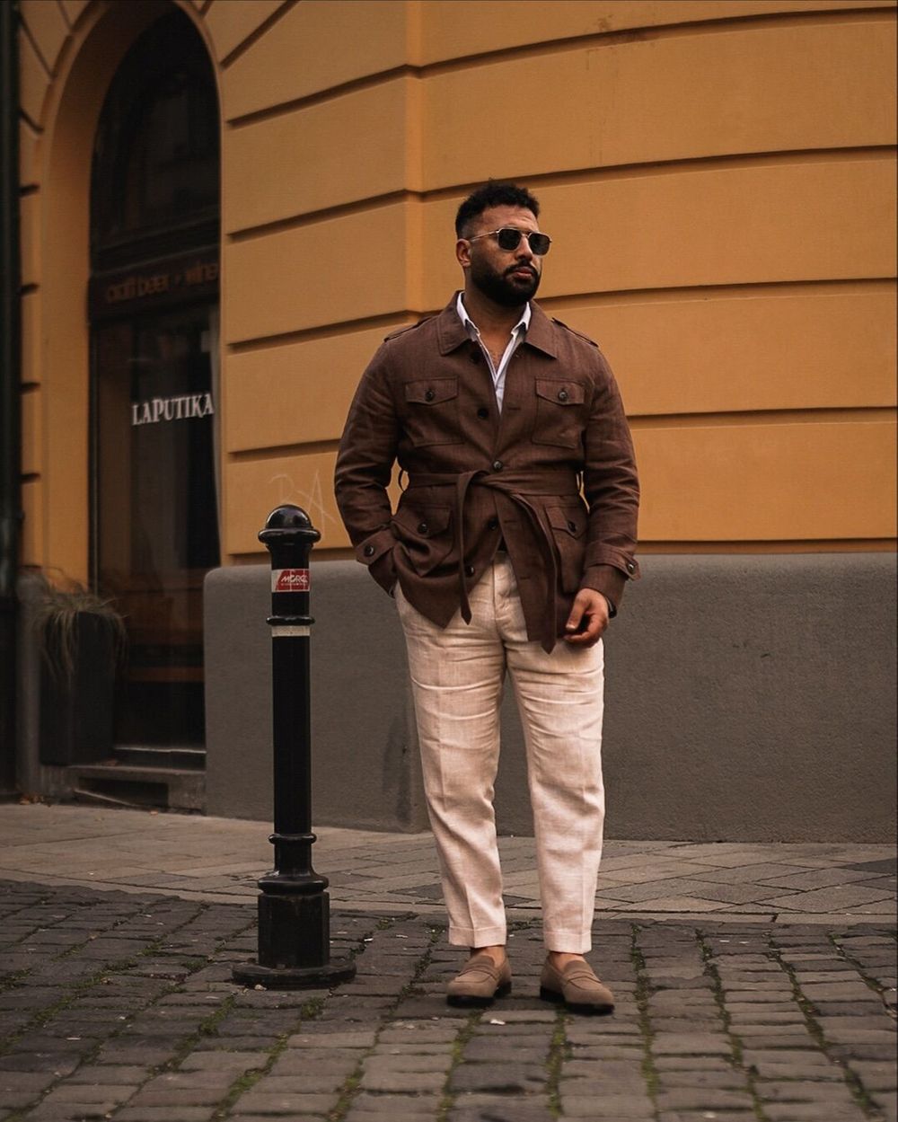 Brown Safari Jacket with Cream Linen Trousers | Hockerty