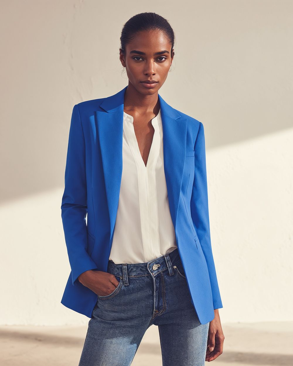 Royal Blue Blazer with White Blouse and Jeans | Sumissura