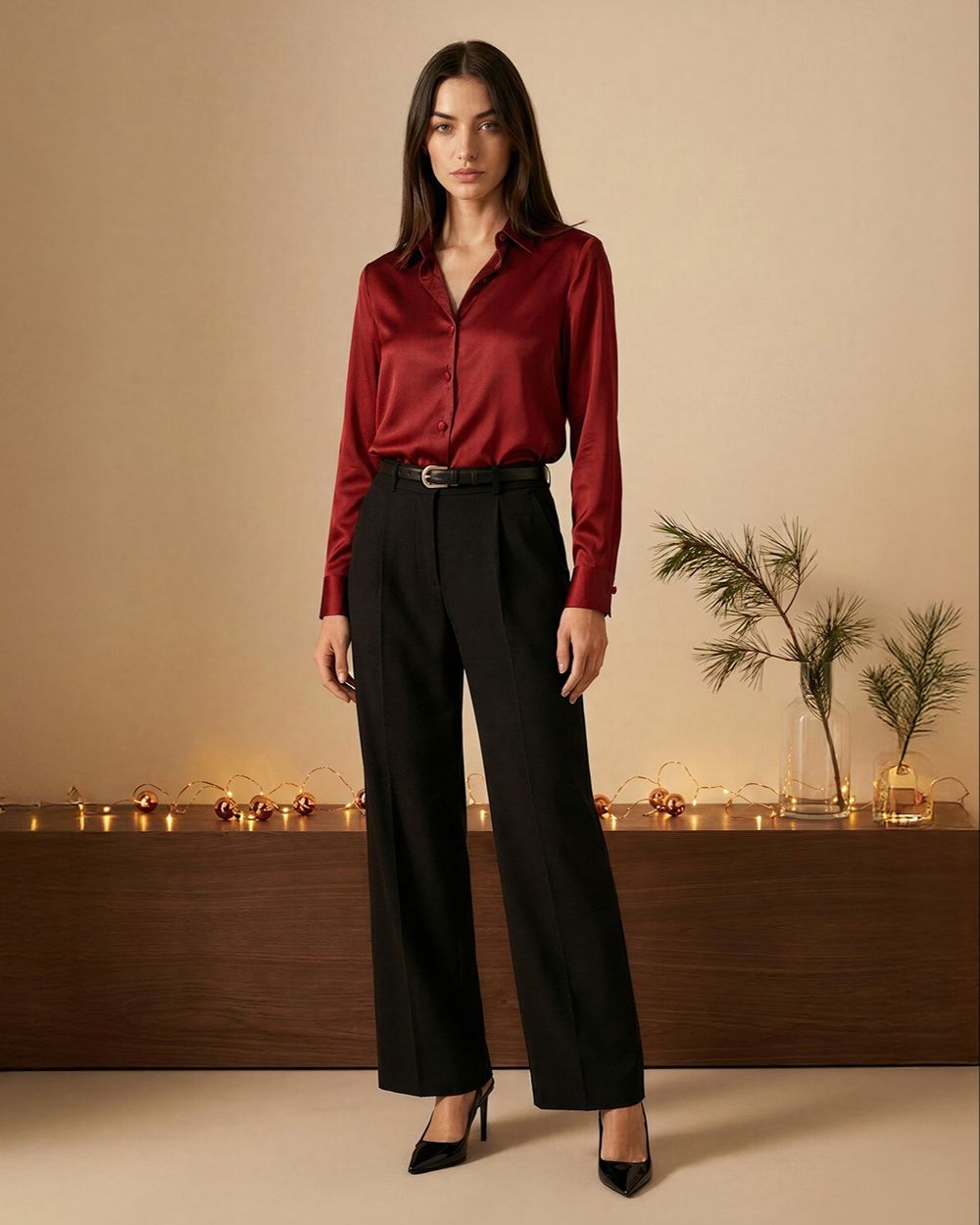 Deep V-neck blouse in red