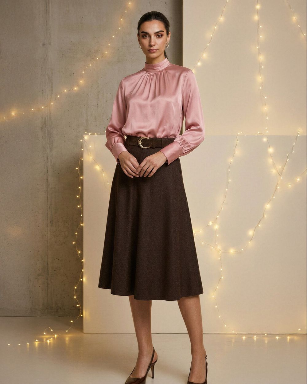 Blush Satin Blouse with Chocolate A-Line Skirt | Sumissura