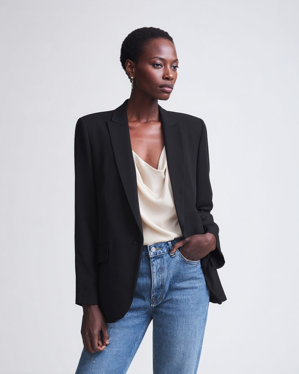 Black Blazer with Champagne Cowl Top and Jeans | Sumissura