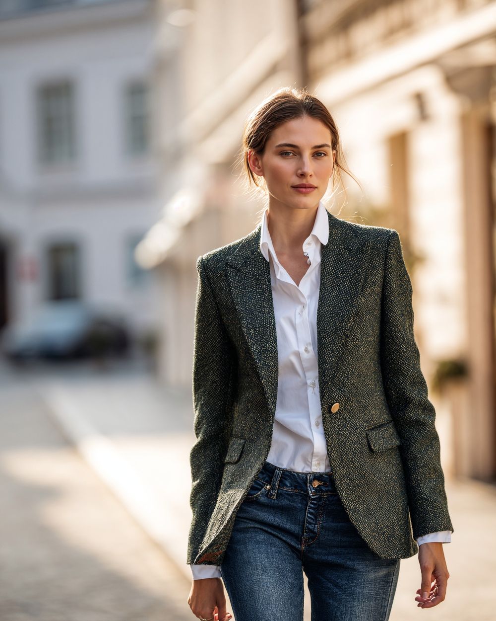 Green Tweed Blazer with White Shirt and Dark Jeans | Sumissura