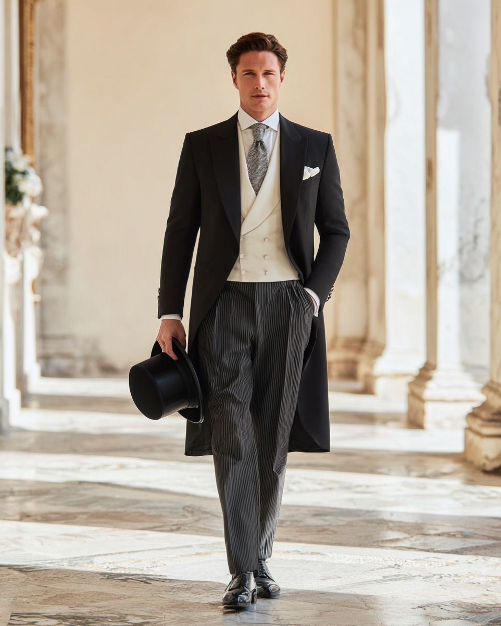 Black Morning Coat with Ivory Waistcoat and Pinstriped Trousers | Hockerty