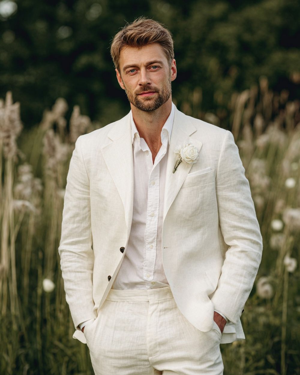 Ivory Linen Suit with White Shirt | Hockerty