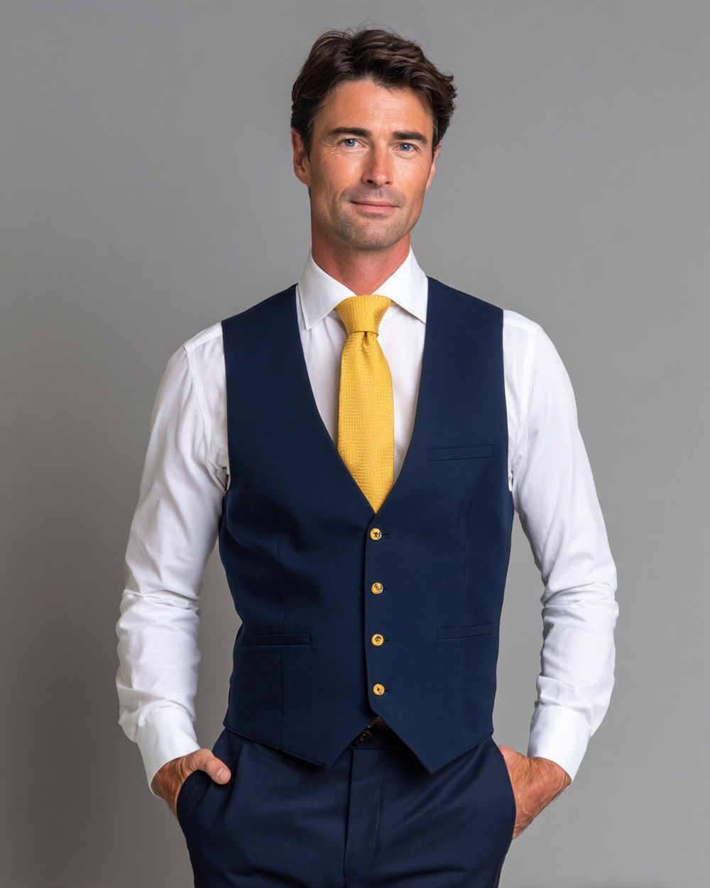 Navy Waistcoat with White Dress Shirt and Mustard Tie | Hockerty