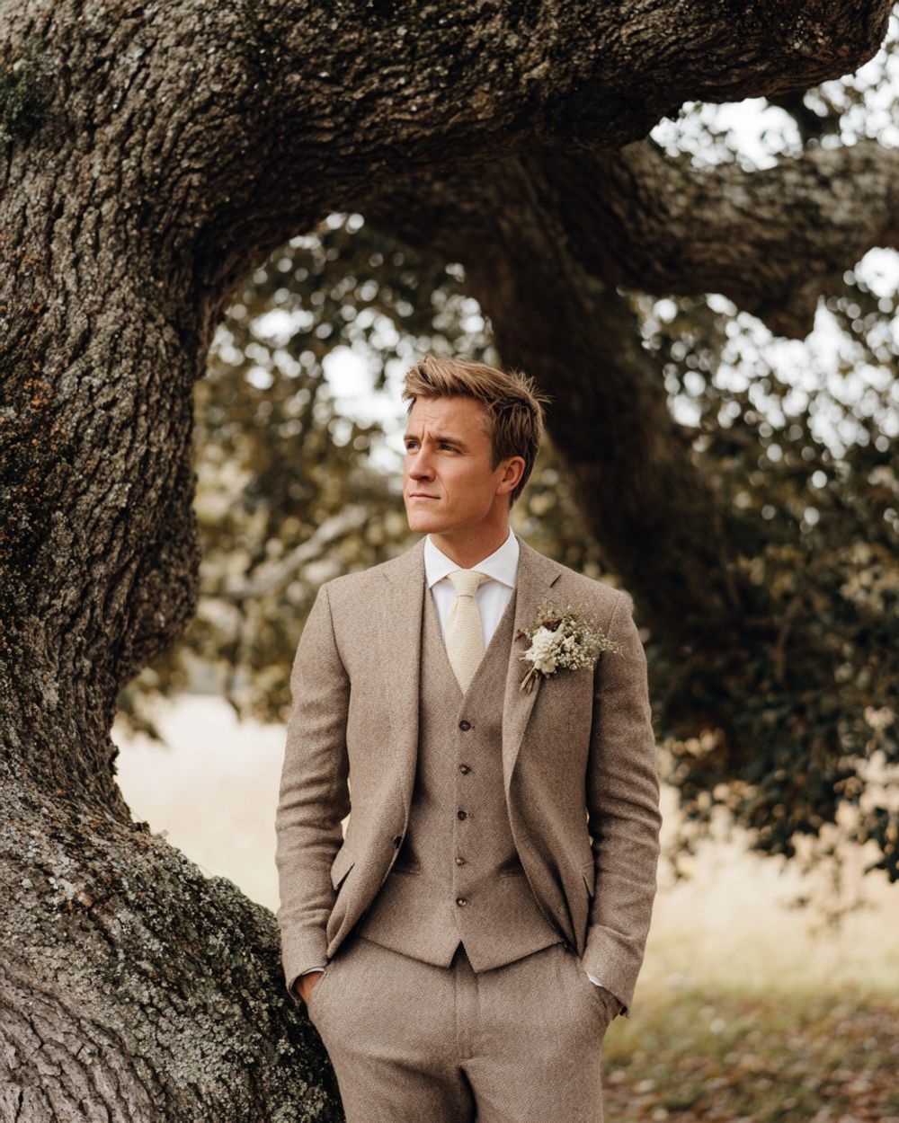 Taupe Three-Piece Suit with Ivory Tie | Hockerty